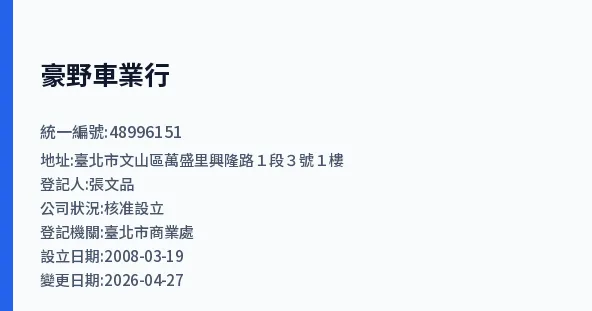 豪野車業行的照片-統編 48996151(臺北市) 公司登記資料與營業項目詳細圖表