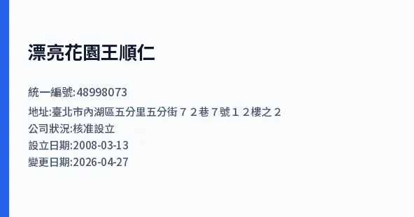 漂亮花園王順仁的照片-統編 48998073(臺北市) 公司登記資料與營業項目詳細圖表