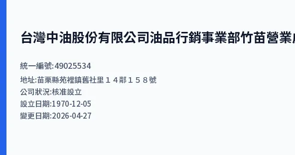 台灣中油股份有限公司油品行銷事業部竹苗營業處山腳加油站的照片-統編 49025534(苗栗縣) 公司登記資料與營業項目詳細圖表