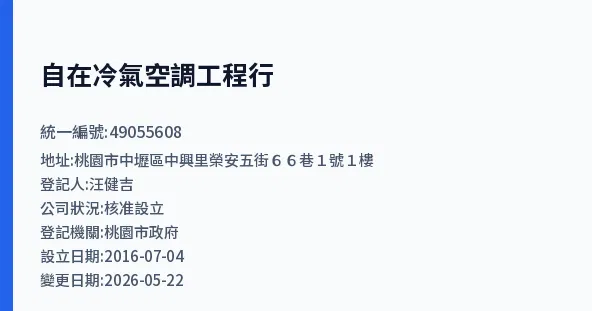 自在冷氣空調工程行的照片-統編 49055608(桃園市) 公司登記資料與營業項目詳細圖表