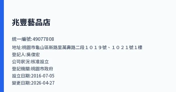 兆豐藝品店的照片-統編 49077808(桃園市) 公司登記資料與營業項目詳細圖表