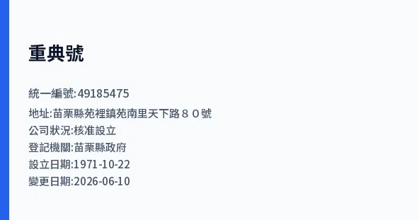 重典號的照片-統編 49185475(苗栗縣) 公司登記資料與營業項目詳細圖表