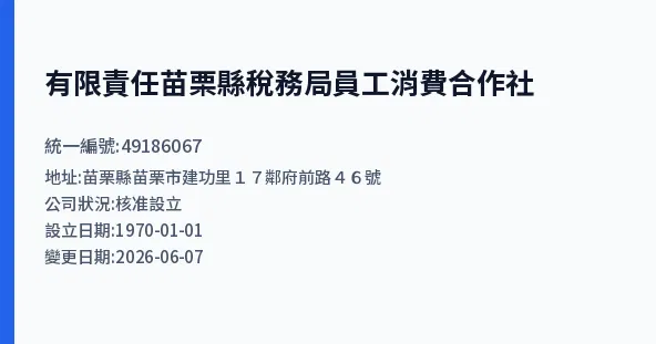 有限責任苗栗縣稅務局員工消費合作社的照片-統編 49186067(苗栗縣) 公司登記資料與營業項目詳細圖表