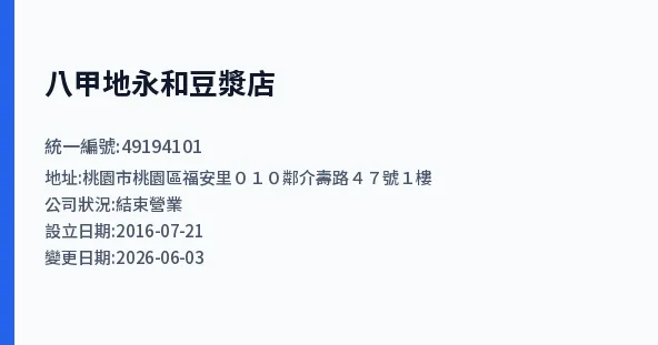 八甲地永和豆漿店的照片-統編 49194101(桃園市) 公司登記資料與營業項目詳細圖表
