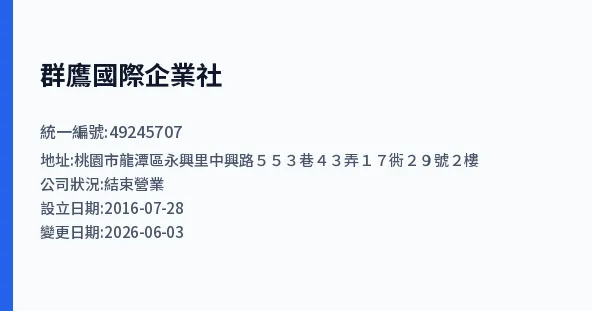 群鷹國際企業社的照片-統編 49245707(桃園市) 公司登記資料與營業項目詳細圖表