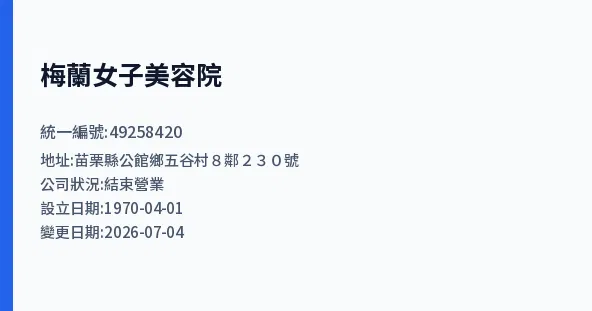 梅蘭女子美容院的照片-統編 49258420(苗栗縣) 公司登記資料與營業項目詳細圖表