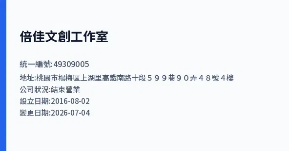 倍佳文創工作室的照片-統編 49309005(桃園市) 公司登記資料與營業項目詳細圖表