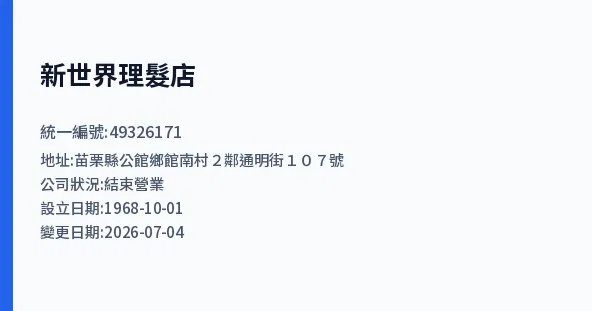 新世界理髮店的照片-統編 49326171(苗栗縣) 公司登記資料與營業項目詳細圖表