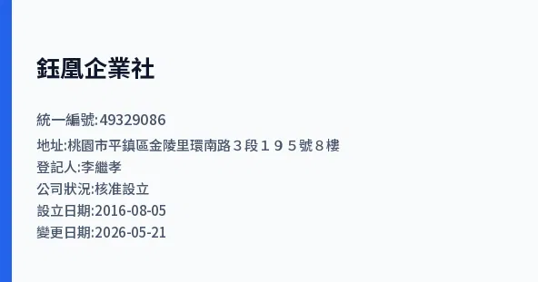 鈺凰企業社的照片-統編 49329086(桃園市) 公司登記資料與營業項目詳細圖表