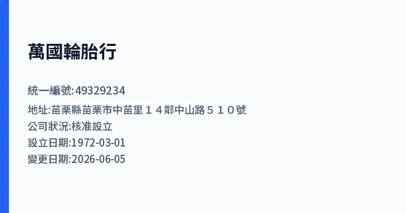 萬國輪胎行的照片-統編 49329234(苗栗縣) 公司登記資料與營業項目詳細圖表