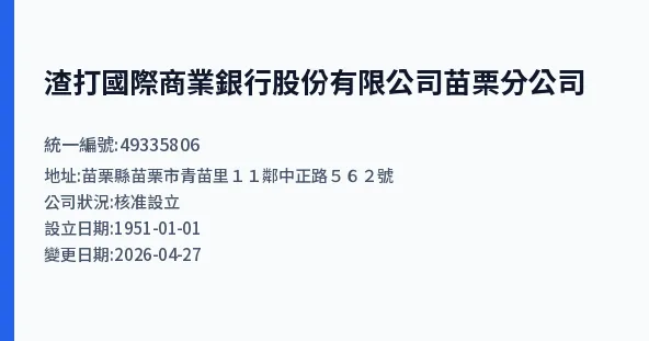 渣打國際商業銀行股份有限公司苗栗分公司的照片-統編 49335806(苗栗縣) 公司登記資料與營業項目詳細圖表