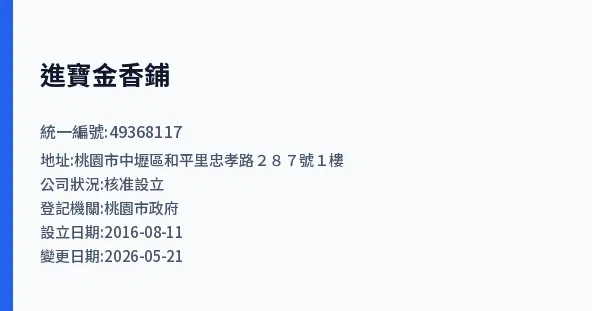 進寶金香鋪的照片-統編 49368117(桃園市) 公司登記資料與營業項目詳細圖表