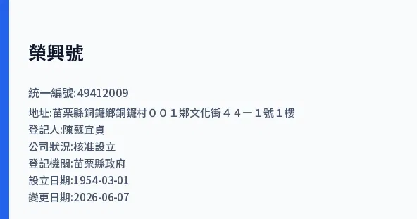 榮興號的照片-統編 49412009(苗栗縣) 公司登記資料與營業項目詳細圖表