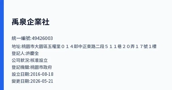禹泉企業社的照片-統編 49426003(桃園市) 公司登記資料與營業項目詳細圖表