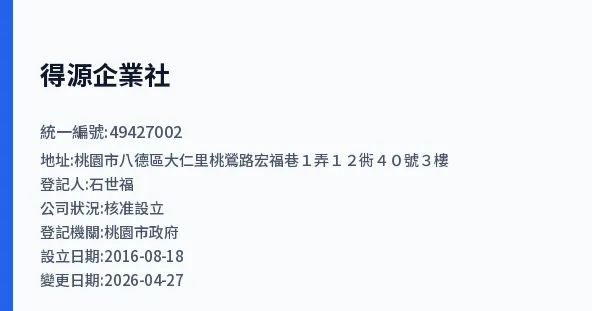 得源企業社的照片-統編 49427002(桃園市) 公司登記資料與營業項目詳細圖表