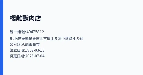 櫻雌獸肉店的照片-統編 49475812(苗栗縣) 公司登記資料與營業項目詳細圖表