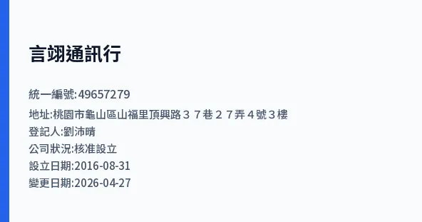 言翊通訊行的照片-統編 49657279(桃園市) 公司登記資料與營業項目詳細圖表
