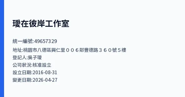璦在彼岸工作室的照片-統編 49657329(桃園市) 公司登記資料與營業項目詳細圖表