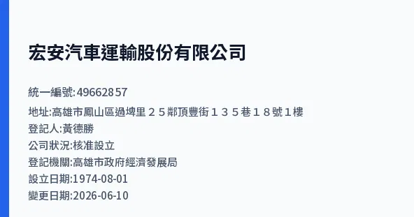 宏安汽車運輸股份有限公司的照片-統編 49662857(高雄市) 公司登記資料與營業項目詳細圖表