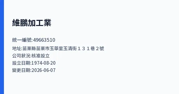 維鵬加工業的照片-統編 49663510(苗栗縣) 公司登記資料與營業項目詳細圖表