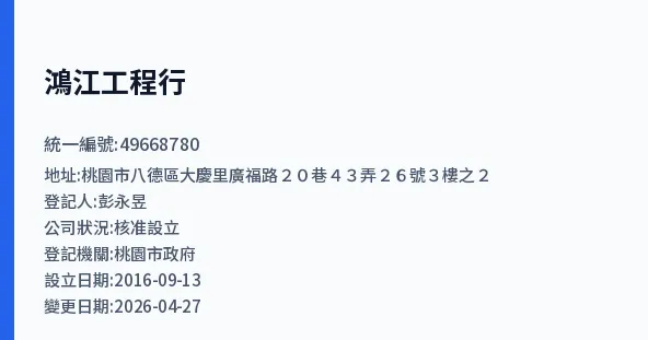 鴻江工程行的照片-統編 49668780(桃園市) 公司登記資料與營業項目詳細圖表