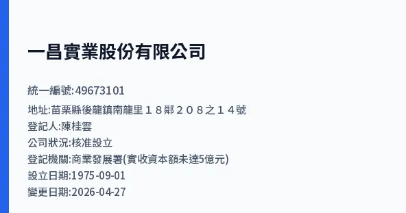 一昌實業股份有限公司的照片-統編 49673101(苗栗縣) 公司登記資料與營業項目詳細圖表