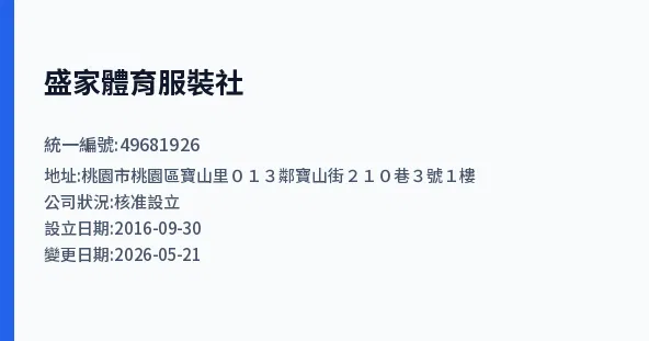 盛家體育服裝社的照片-統編 49681926(桃園市) 公司登記資料與營業項目詳細圖表
