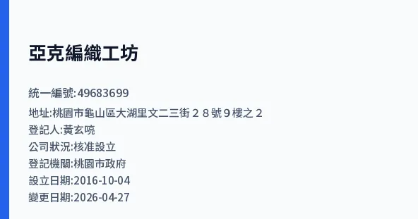 亞克編織工坊的照片-統編 49683699(桃園市) 公司登記資料與營業項目詳細圖表