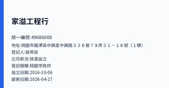 家溢工程行的照片-統編 49686008(桃園市) 公司登記資料與營業項目詳細圖表