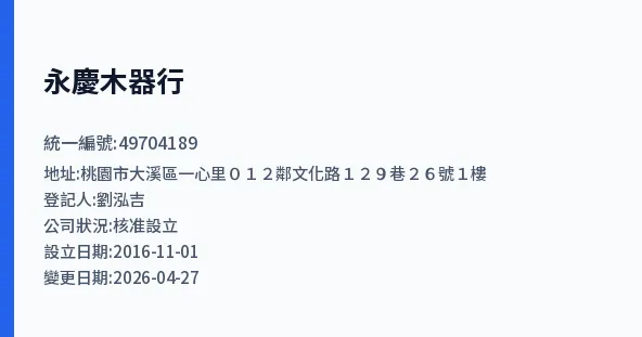 永慶木器行的照片-統編 49704189(桃園市) 公司登記資料與營業項目詳細圖表