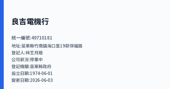 良吉電機行的照片-統編 49710181(苗栗縣) 公司登記資料與營業項目詳細圖表