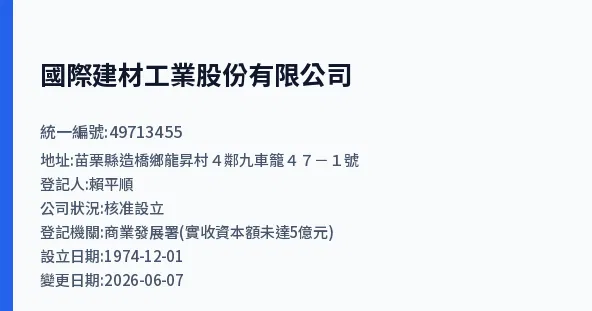 國際建材工業股份有限公司的照片-統編 49713455(苗栗縣) 公司登記資料與營業項目詳細圖表