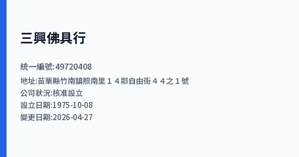 三興佛具行的照片-統編 49720408(苗栗縣) 公司登記資料與營業項目詳細圖表