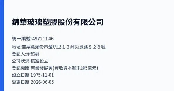 錦華玻璃塑膠股份有限公司的照片-統編 49721146(苗栗縣) 公司登記資料與營業項目詳細圖表