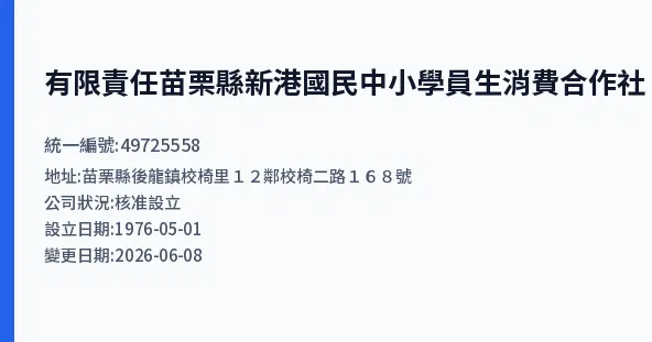 有限責任苗栗縣新港國民中小學員生消費合作社的照片-統編 49725558(苗栗縣) 公司登記資料與營業項目詳細圖表