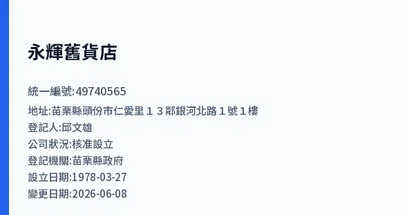 永輝舊貨店的照片-統編 49740565(苗栗縣) 公司登記資料與營業項目詳細圖表