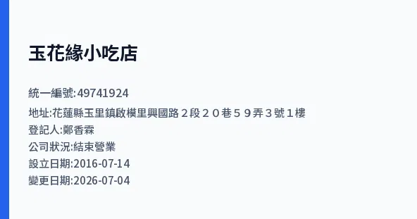 玉花緣小吃店的照片-統編 49741924(花蓮縣) 公司登記資料與營業項目詳細圖表
