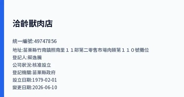 洽齡獸肉店的照片-統編 49747856(苗栗縣) 公司登記資料與營業項目詳細圖表