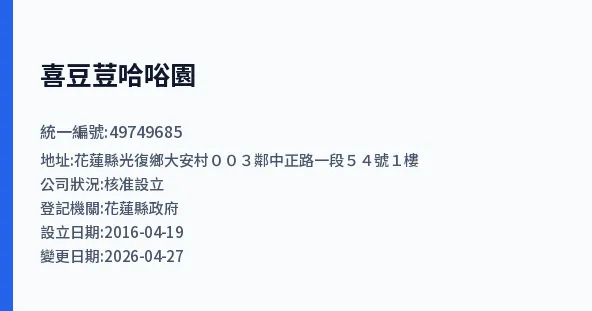 喜豆荳哈唂園的照片-統編 49749685(花蓮縣) 公司登記資料與營業項目詳細圖表