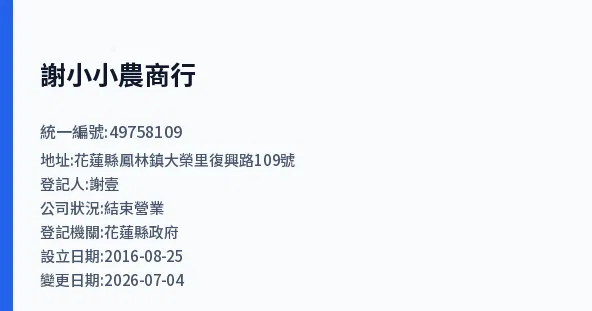 謝小小農商行的照片-統編 49758109(花蓮縣) 公司登記資料與營業項目詳細圖表