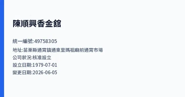 陳順興香金舘的照片-統編 49758305(苗栗縣) 公司登記資料與營業項目詳細圖表