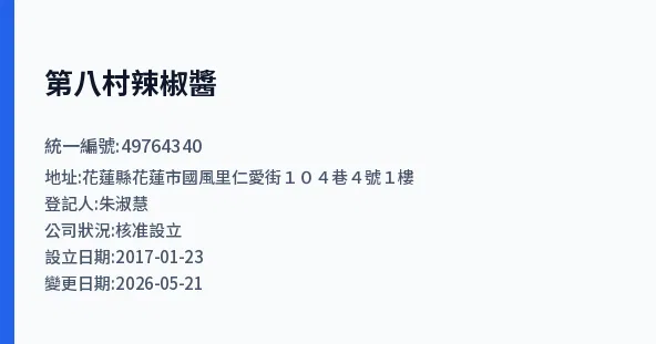 第八村辣椒醬的照片-統編 49764340(花蓮縣) 公司登記資料與營業項目詳細圖表