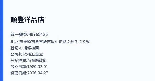 順豐洋品店的照片-統編 49765426(苗栗縣) 公司登記資料與營業項目詳細圖表