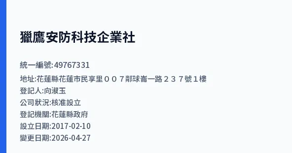 獵鷹安防科技企業社的照片-統編 49767331(花蓮縣) 公司登記資料與營業項目詳細圖表