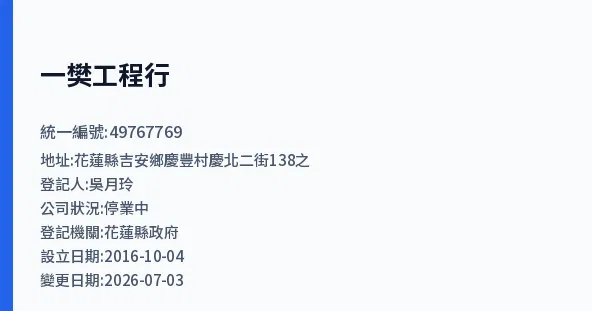 一樊工程行的照片-統編 49767769(花蓮縣) 公司登記資料與營業項目詳細圖表