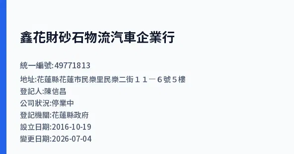 鑫花財砂石物流汽車企業行的照片-統編 49771813(花蓮縣) 公司登記資料與營業項目詳細圖表