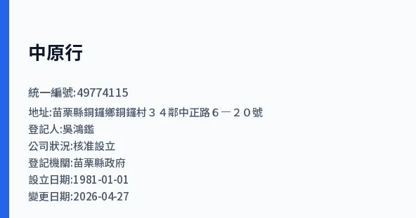 中原行的照片-統編 49774115(苗栗縣) 公司登記資料與營業項目詳細圖表