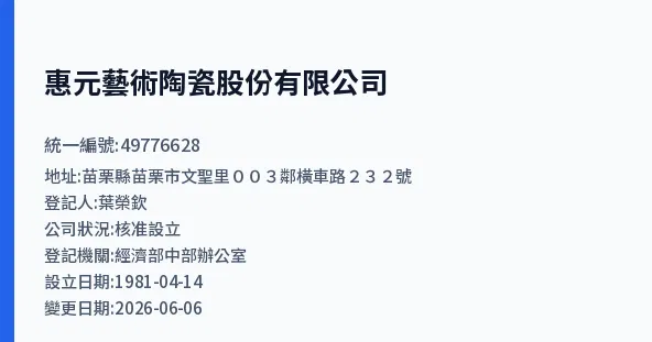 惠元藝術陶瓷股份有限公司的照片-統編 49776628(苗栗縣) 公司登記資料與營業項目詳細圖表