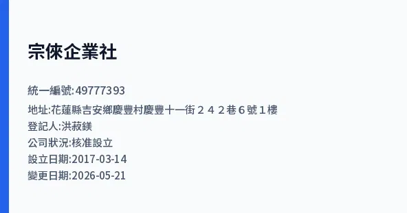 宗倈企業社的照片-統編 49777393(花蓮縣) 公司登記資料與營業項目詳細圖表