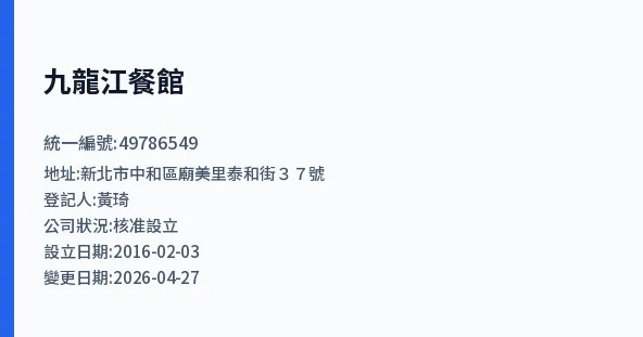 九龍江餐館的照片-統編 49786549(新北市) 公司登記資料與營業項目詳細圖表
